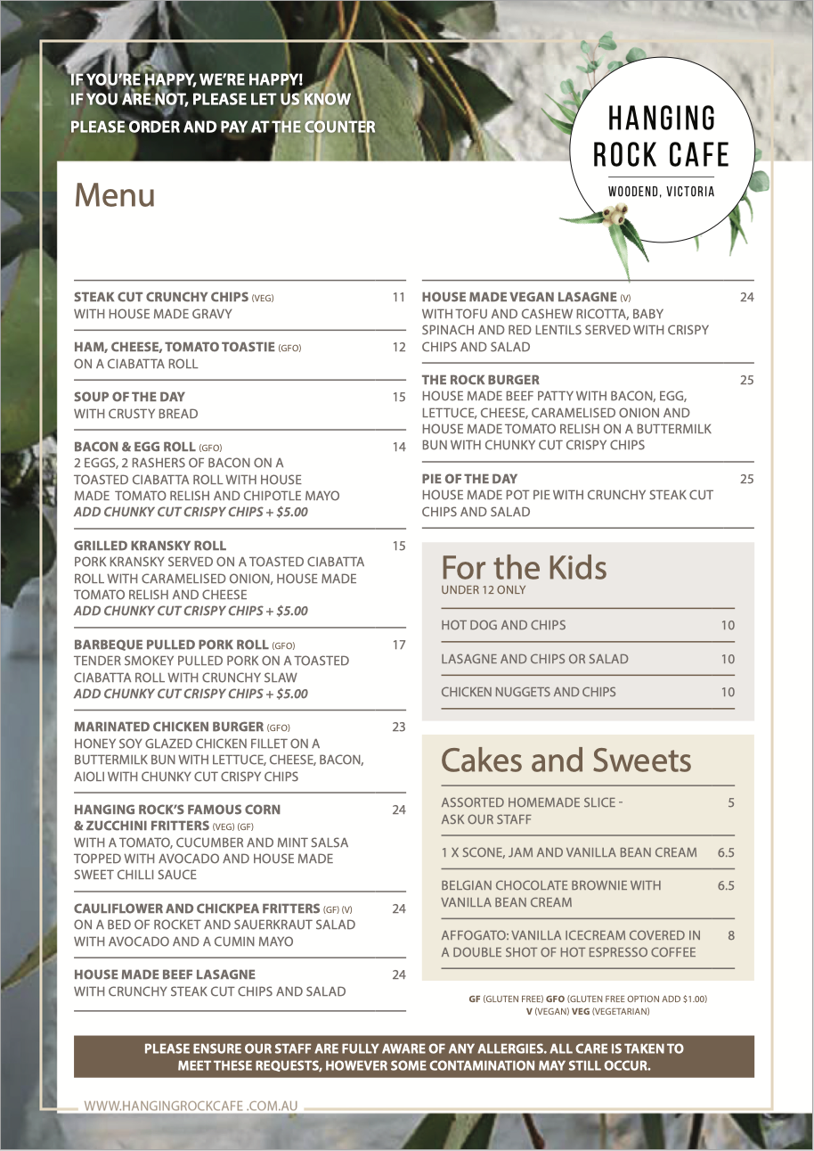 Our Menu | The Hanging Rock Cafe | Woodend, Macedon Ranges
