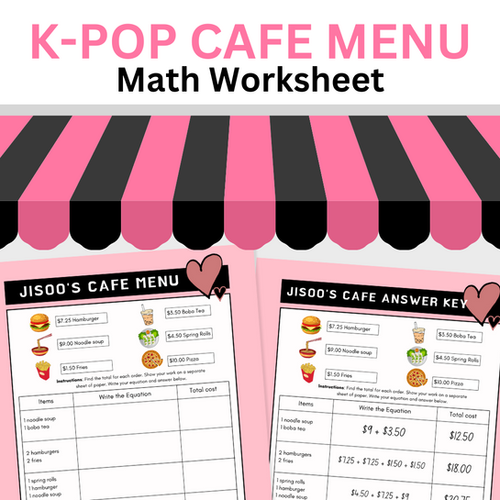 K-Pop Style Cafe Menu Math Worksheet | All the Write Colors
