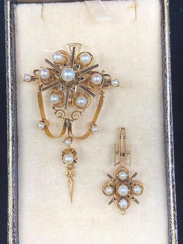 Victorian French Napoleon III 20k Gold enamel pearl Brooch & matching ...