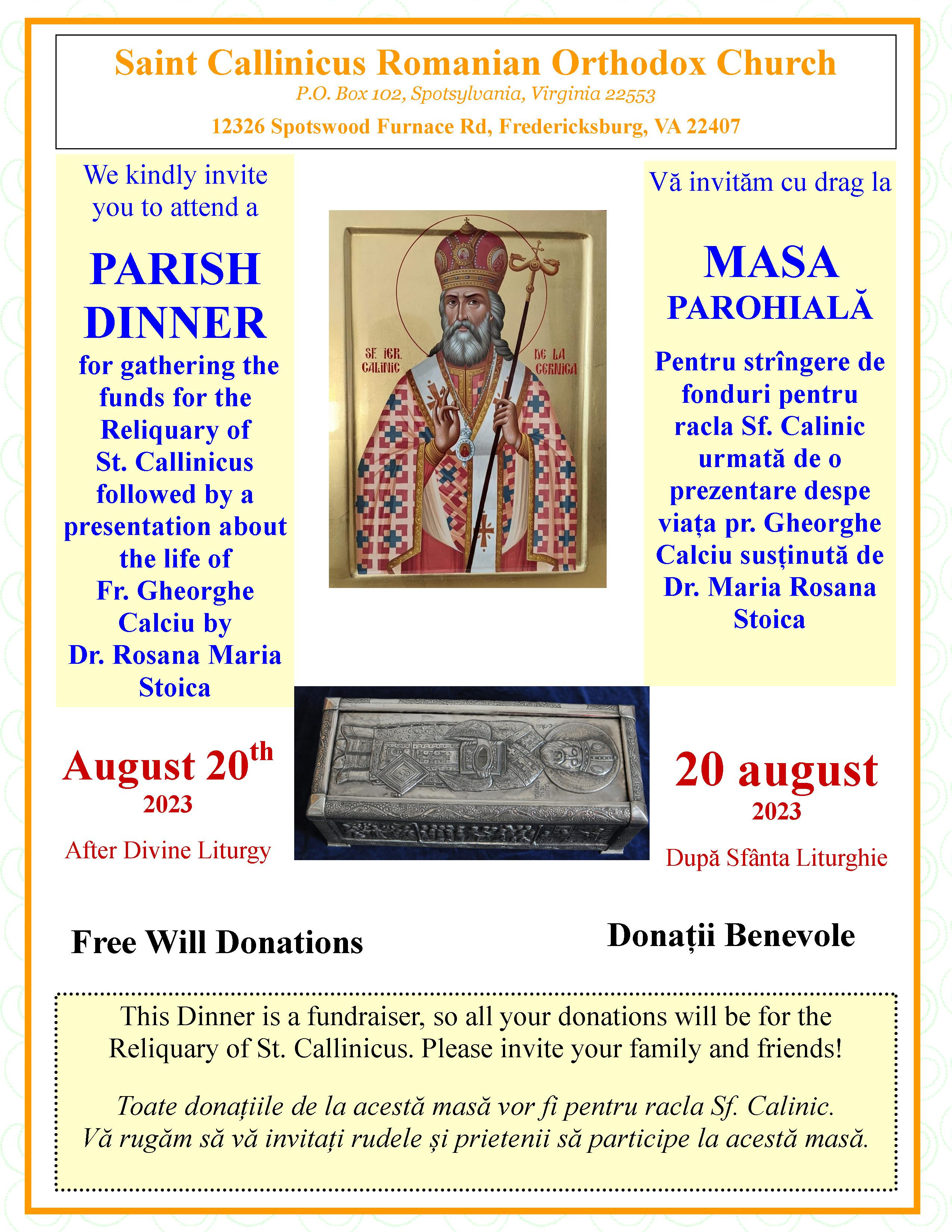 Fundraiser Dinner for the Reliquary of St. Callinicus of Cernica