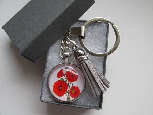 Handmade Red Poppy Flower Print & Tassel Chain Keyring 13206 | purplepetal