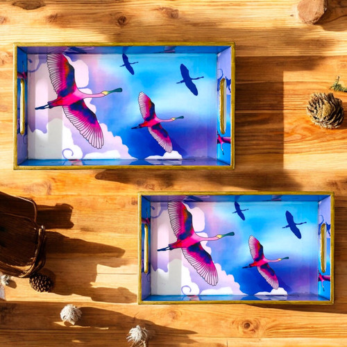 "Stunning birds in a colourful sky" Wooden Cutlery-Rectangular Tray-Set of 2 | PaintzStories