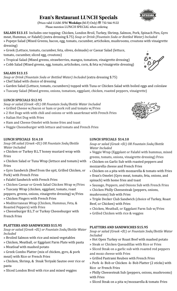 Lunch Specials (M-F only) | Evan's Restaurant
