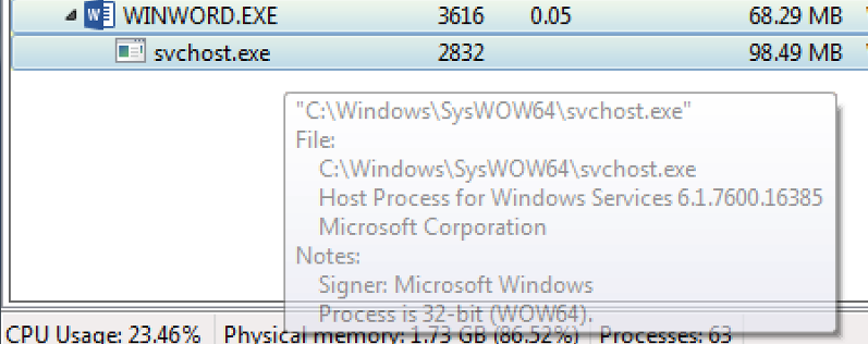 Maldoc uses Windows API to perform process hollowing