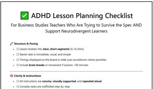 ADHD Lesson Checklist Poster (A3 PDF) - Teaching Business Digital Download