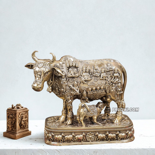 Superfine Brass cow and calf statue with Engraved Gods and Goddesses ...
