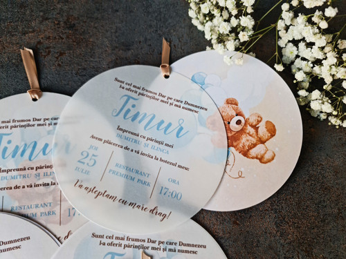 IC-031 Invitație la botez sau cumetrie cu ursulet de forma rotunda ...