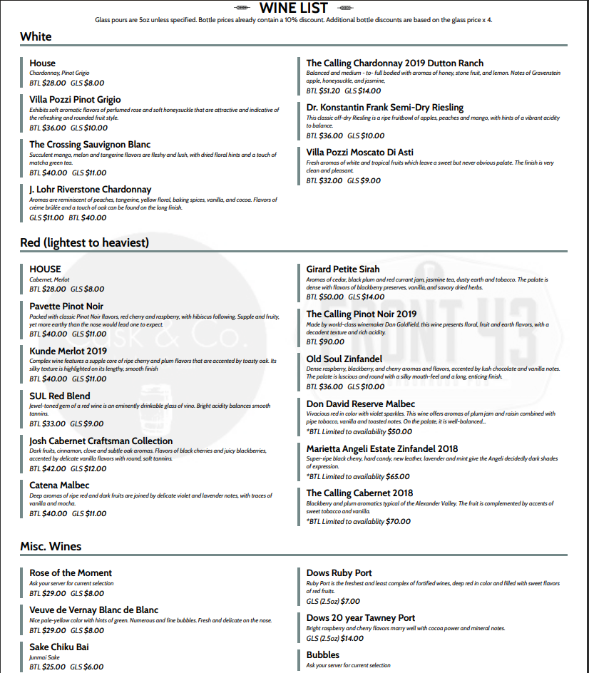 Bar Menu | Cask&Company/Front43