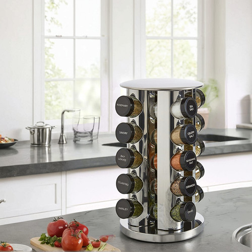 Rotating Stainless Steel Spice Rack with Labeled Jars | VibrackHome