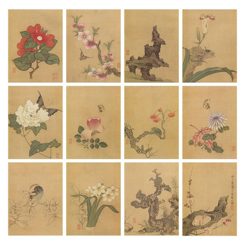 Album of Flower and Bird Sketches: Ming Flowers Paintings Set of 12 ...