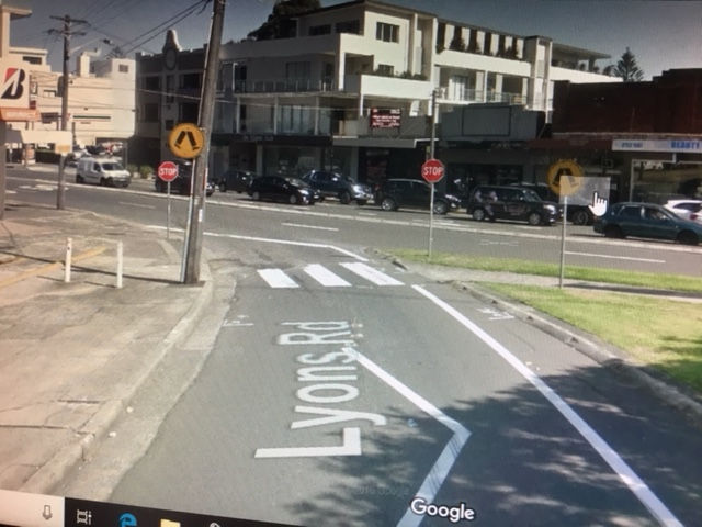 Five Dock Slip lane with STOP sign & line