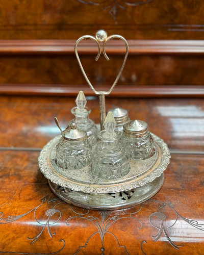 Vintage Silver Metal Condiment Caddy with Cruets, Salt & Pepper Shakers ...