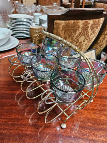 Set Of Six Smoked Glass Cups w/ Brass Drinking Caddy | Mysite