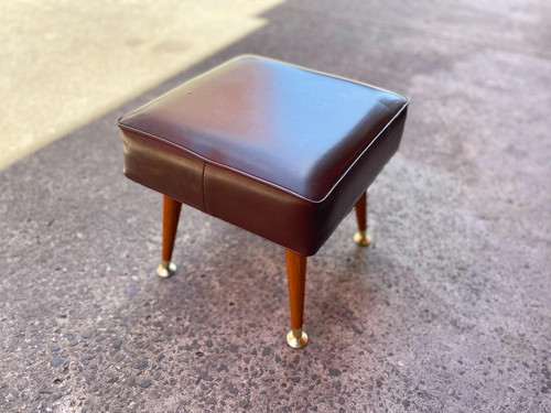 Mid-Century Modern Retro Footstool with Brown Vinyl Upholstery & Atomic ...