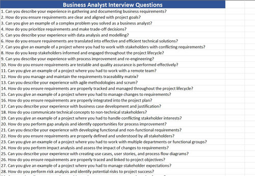 Interview Questions Business Analyst (Excel) | Project Templates