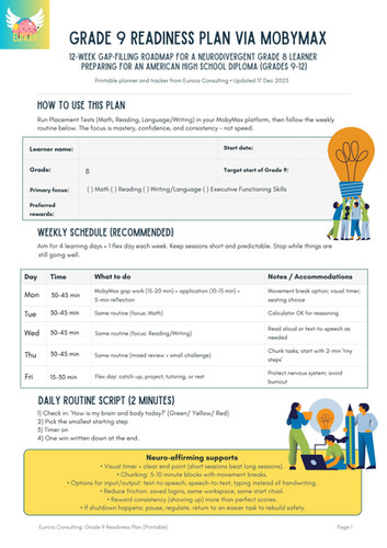 12 Week Grade 9 Readiness Plan | Eunoia Consulting|Homeschool|Wellness