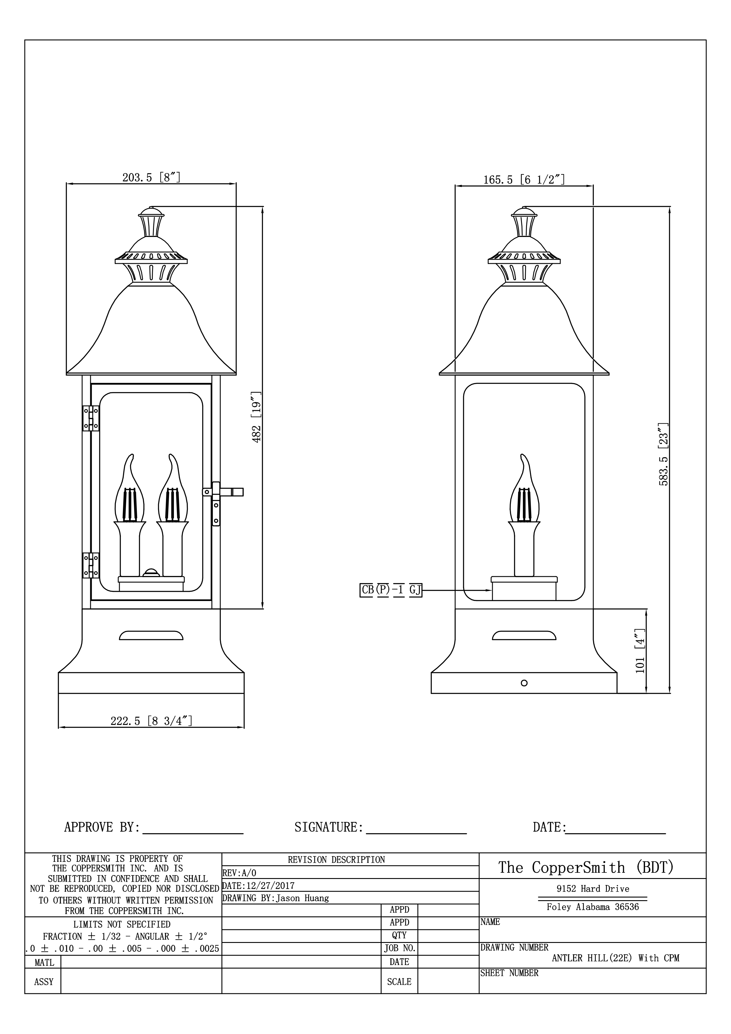 AH Line Drawings | The CopperSmith | Handcrafted Copper Lighting