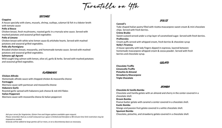 Our Menu | Tarantella on 4th