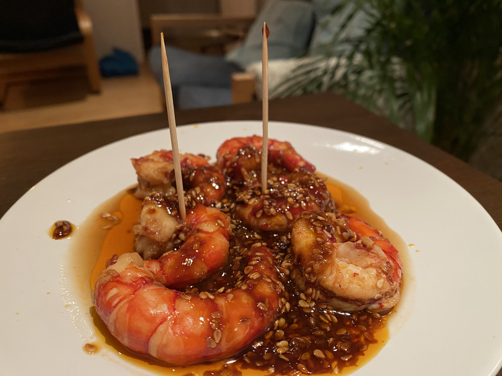 Grilled gambas with soy honey and sesame dressing