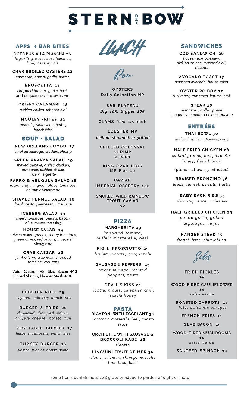 Lunch Menu | Stern and Bow Restaurant | Eclectic Seasonal Cuisine ...