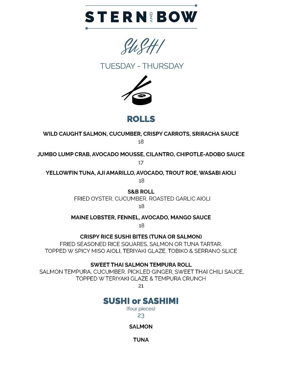 Sushi Menu | Stern and Bow Restaurant | Eclectic Seasonal Cuisine ...