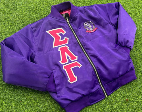 READY TO SHIP - Sigma Lambda Gamma Majestic Purple Satin Bomber Jacke | Liberada Designs