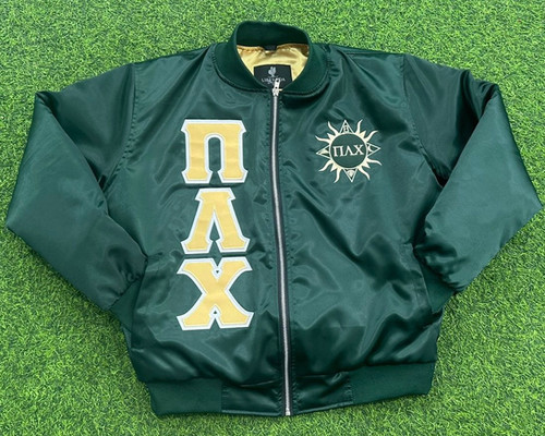 READY TO SHIP - Pi Lambda Chi Forest Green Satin Bomber Jacket | Liberada Designs