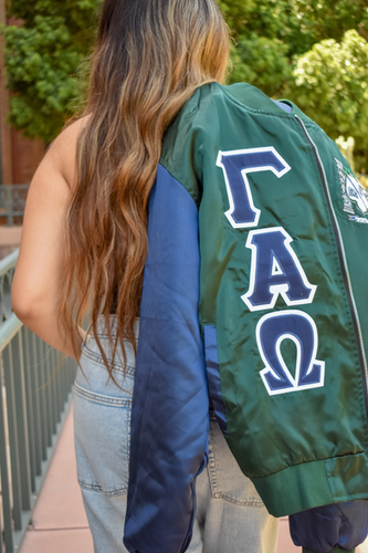 Gamma Alpha Omega Color Block Satin Bomber Jacket | Liberada Designs