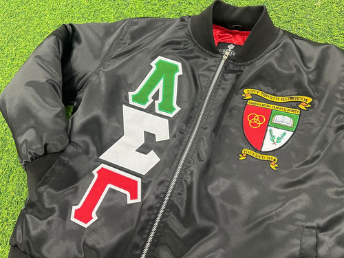 Lambda Sigma Gamma Satin Bomber Jacket | Liberada Designs
