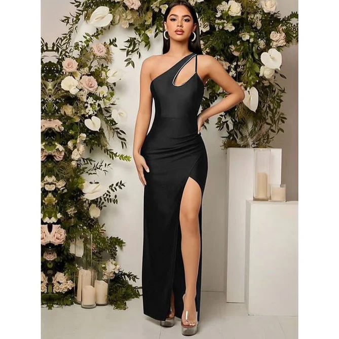 One Shoulder Cut Ruched Slit Dress | Mzansi Closet