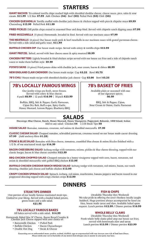 Menu | Westfield | 7B's Bar & Grill