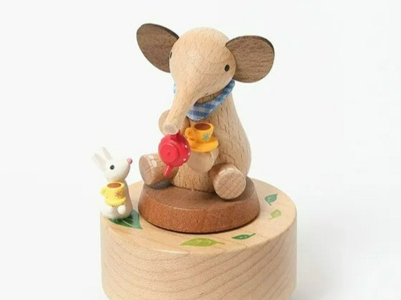 Whimsical Wooden Elephant's Tea Party Music Box