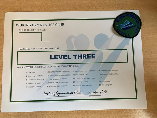 Certificate and Badge | Woking Gymnastics