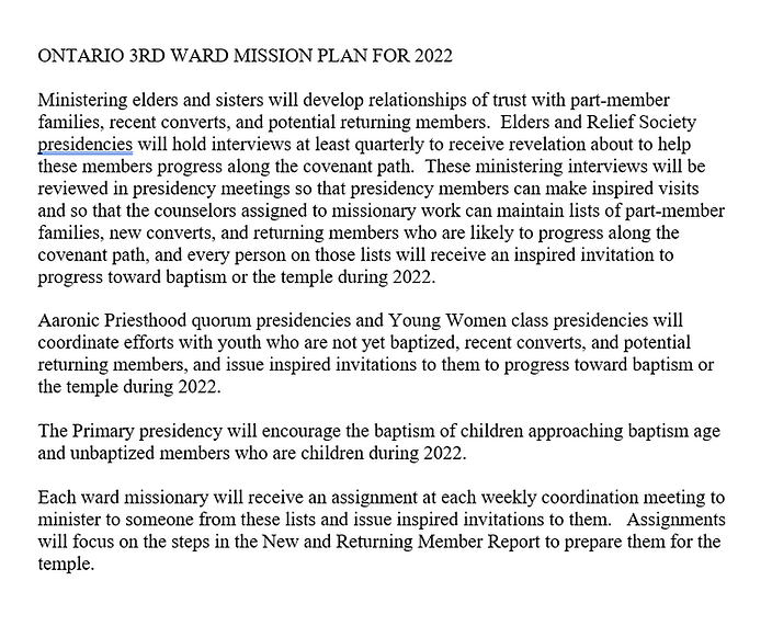 Mission Plan | Ontario Stake