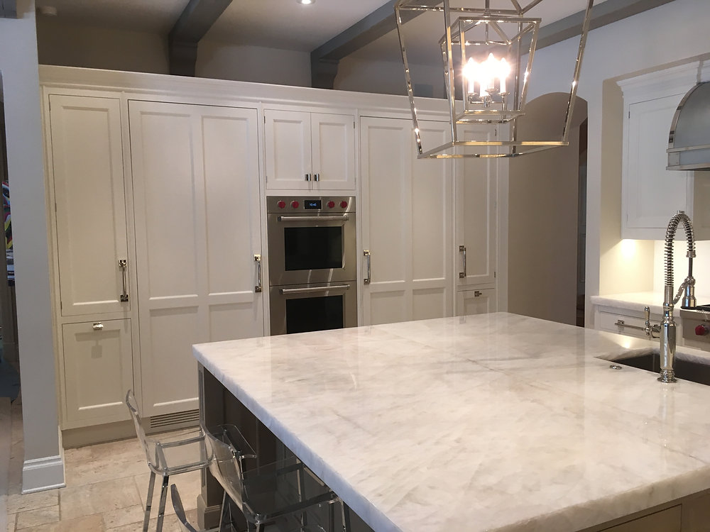 Iceberg Quartzite Kitchen Island with Two Large Mitered Slabs and ...