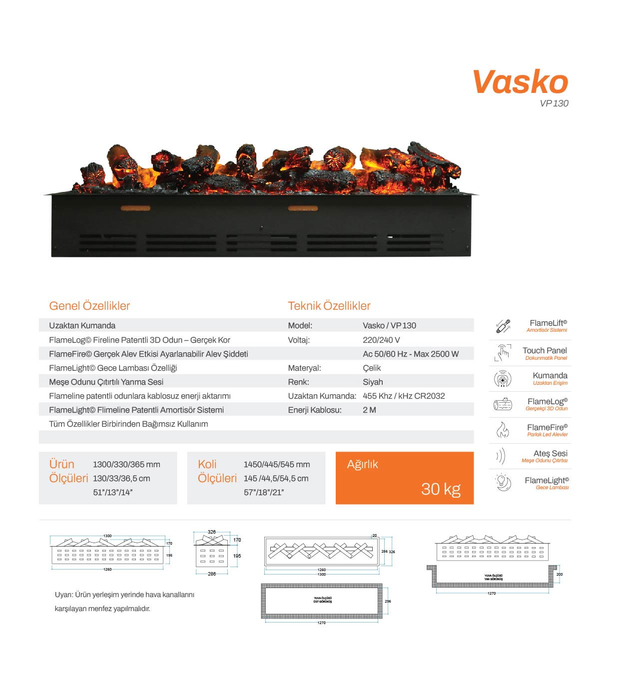 Flameline Vasko VP 130 | Elektrikli Şömine | Mad Şömine