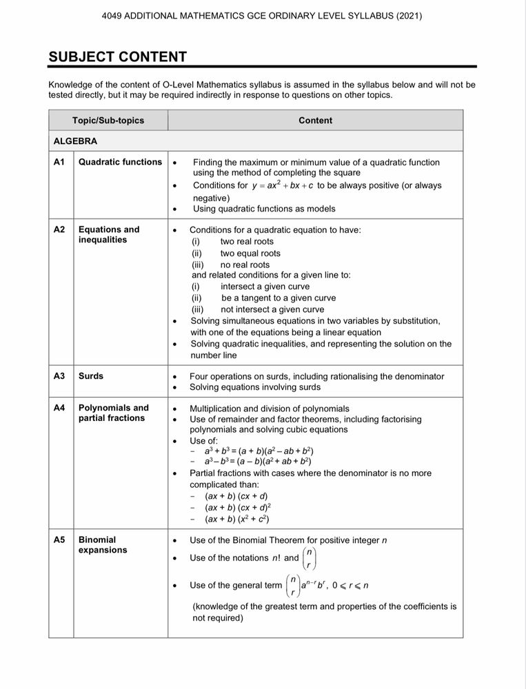 2021 O Level A Math Formula Sheet and Syllabus Objectives