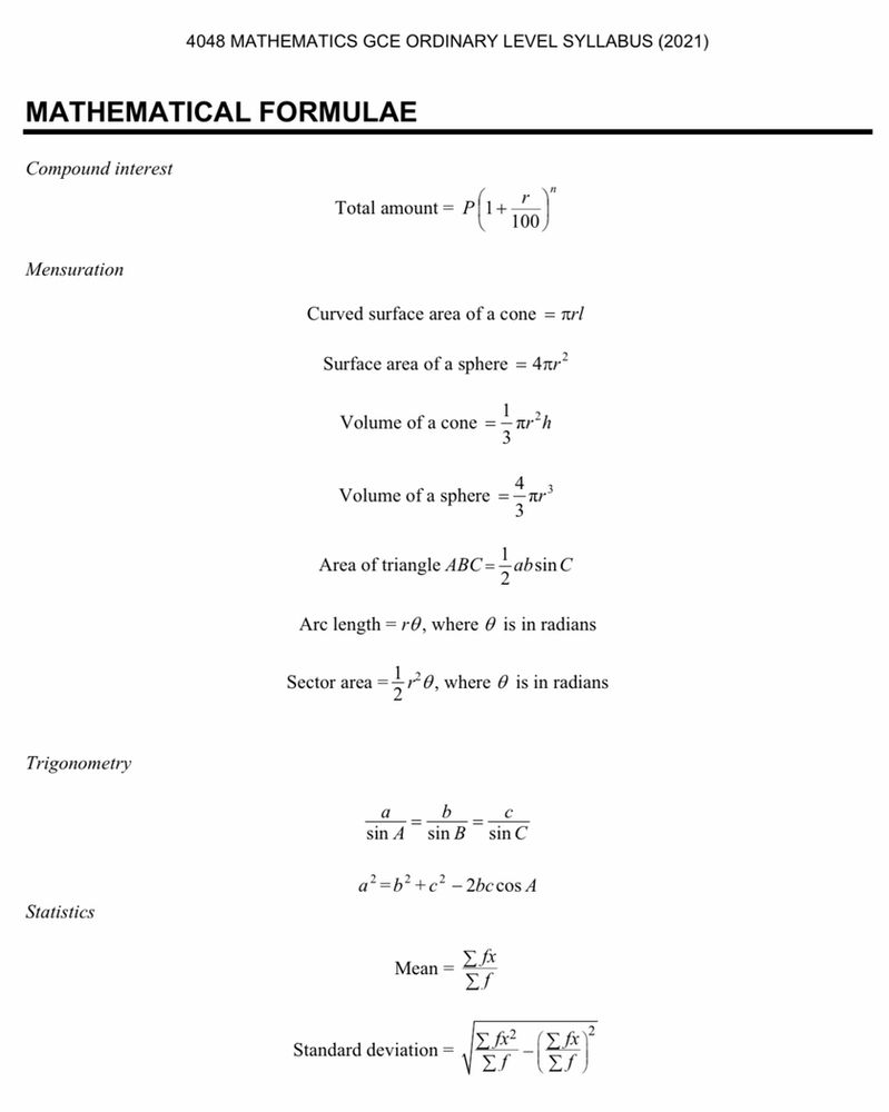 2021 O Level E Math Formula Sheet and Syllabus Objectives