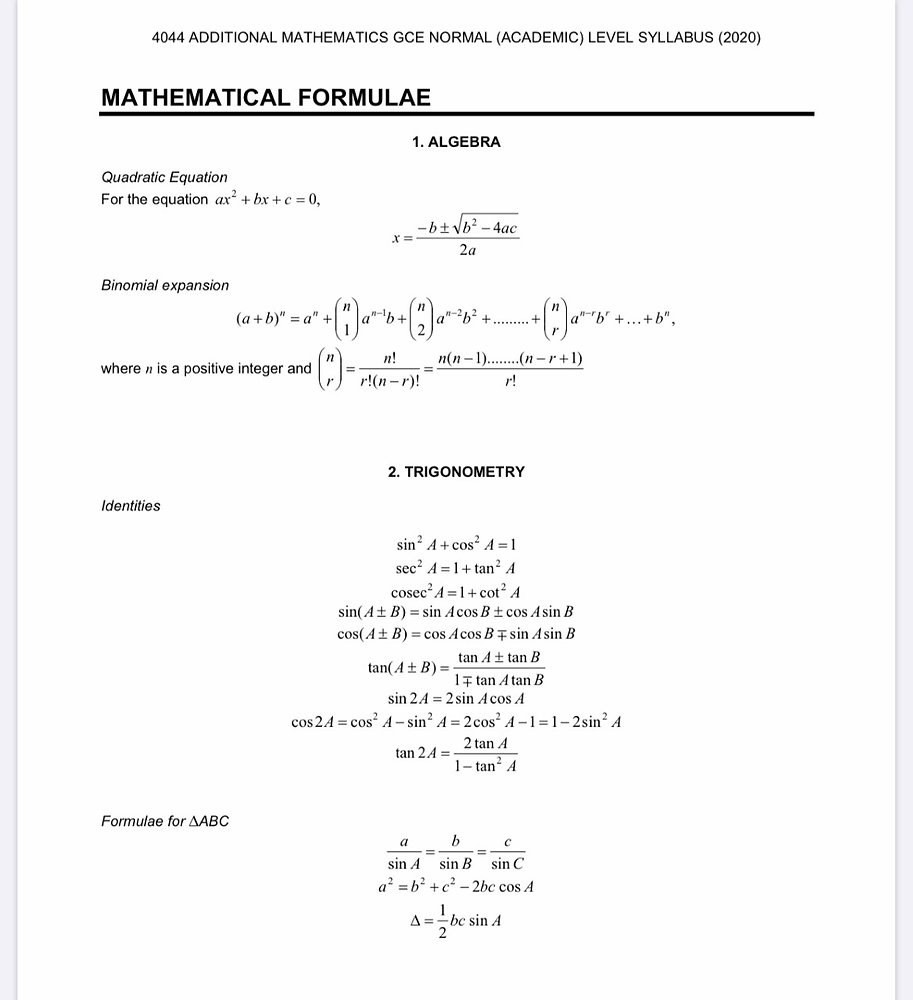N Level A Math Formula Sheet 2020