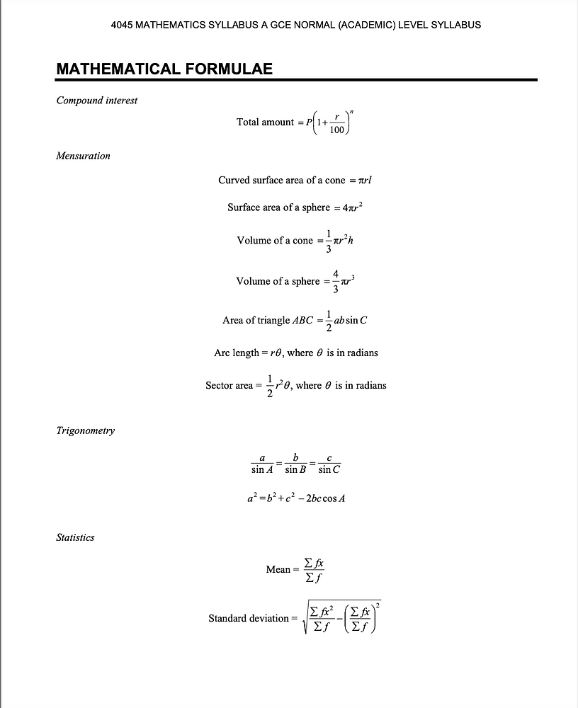 2024 N Level Math Formula Sheet