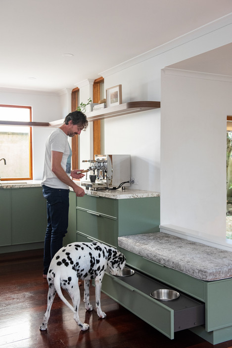 Green Kitchen Curved Timber Island Bench | Gathering Light