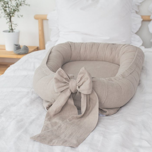 Premium Linen Baby Nest with Bow Beige | Baby Bohemia