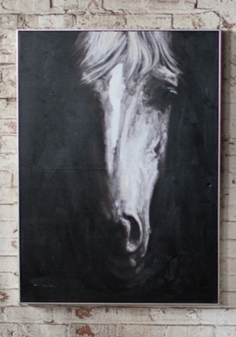 Front View Black White Horse Painting Blue Hazel
