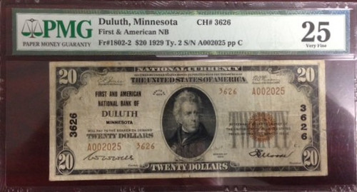 1929 $20 First and American National Bank of Duluth, MN PMG VF25 | Lake ...