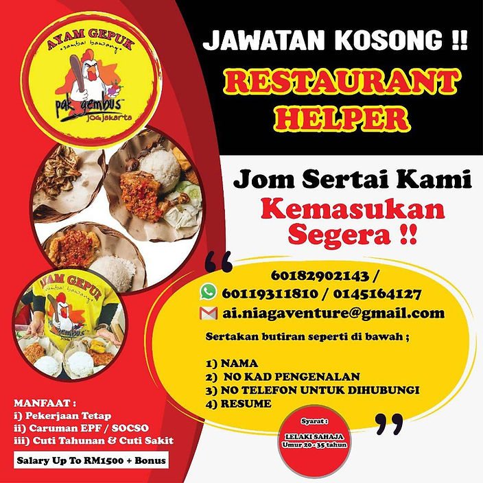 Restaurant Helper @Restoran Ayam Gepuk | Cari Kerja Betul2