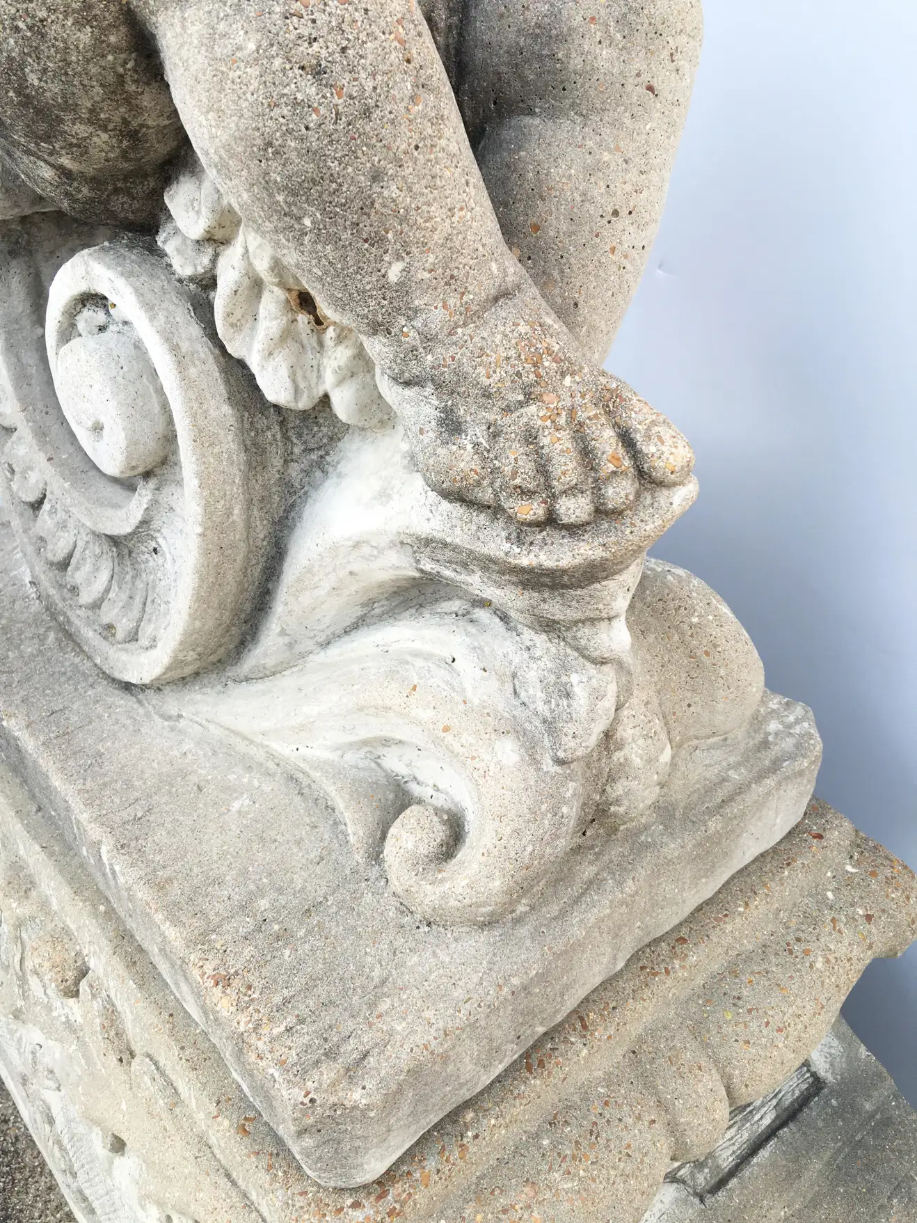 Pair of Classical Stone Composite Putti Garden Statues Holding Wheat and Grapes | Design Vault