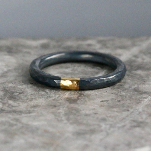 Round 3mm Oxidised Hammered Silver & Gold Ring | lisacrockard