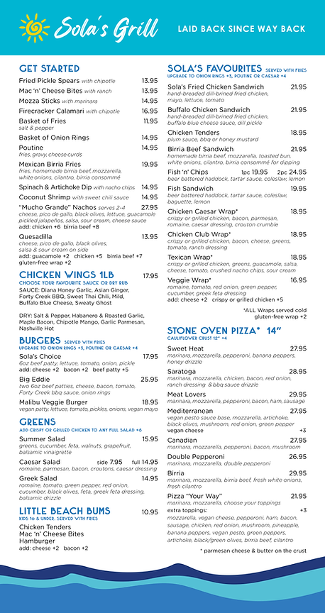 Menu | Sola's Grill