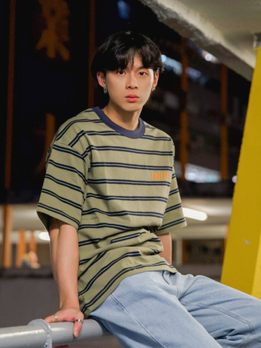 【Creeps Original】Heavyweight Loose-fit Striped S/S Tee in Green [300g] | CREEPS-STORE
