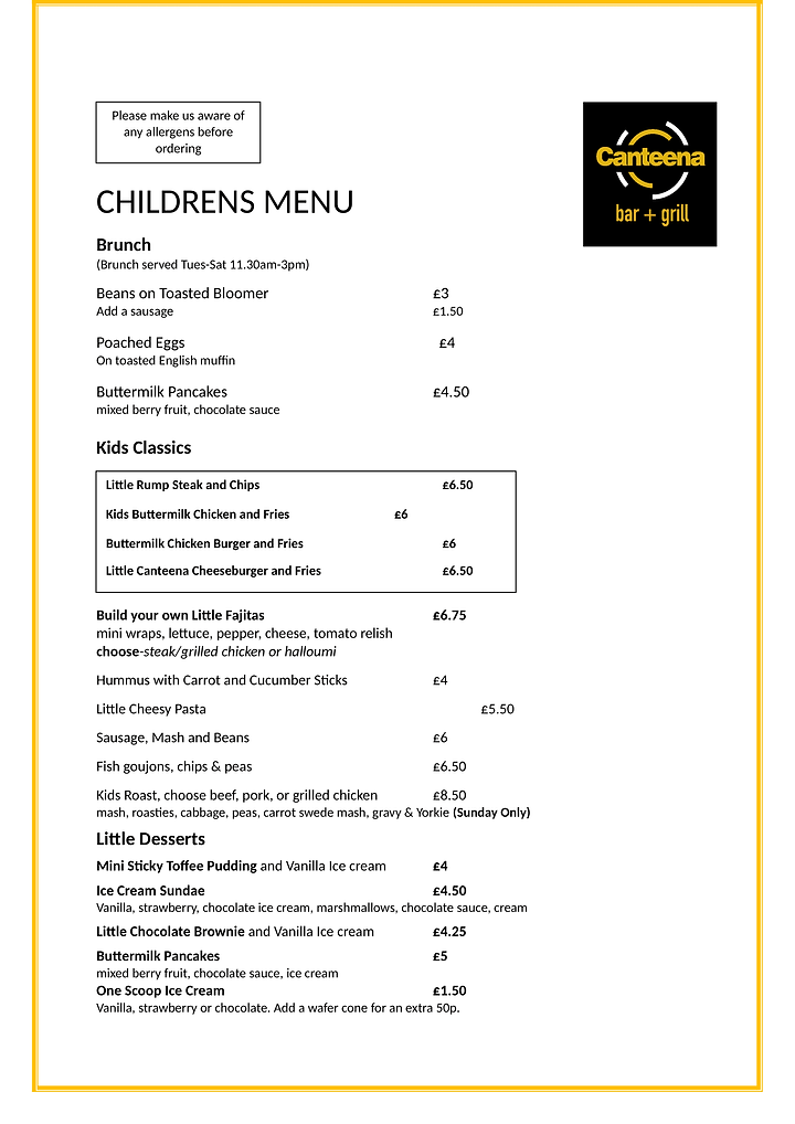 Childrens Menu | Canteena Bar Grill